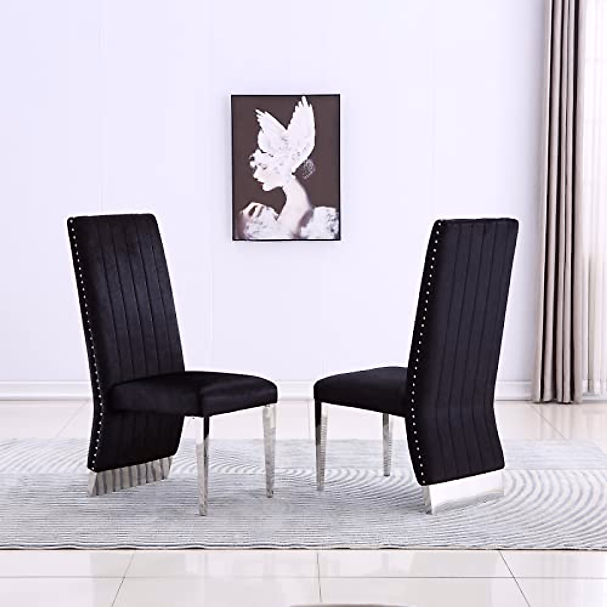 AZhome Dining Chairs, Black Velvet Upholstered Dining Room Chairs with Nailhead Trim and Silver Mirror Stainless Steel Legs, Set of 2