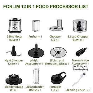FORLIM 3.5 Cup Small Food Processor,12-in-1 Mini Blender and Food Processor Combo for Kitchen,350W,20oz Bottle,2 Speeds+Pulse with 4 Blades, for Shakes, Smoothies, Meat, Sauces, Stainless Steel Silve
