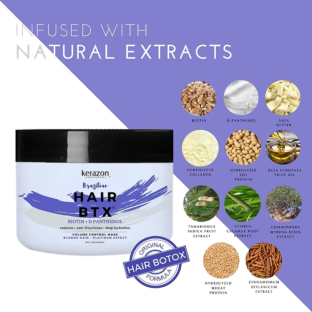 KERAZON Blonde Brazilian Hair BTX Treatment Purple Mask Platinum Effect & Silver Hair Providing Smoothing, Deep Hydration, Anti-Brass, Shine, Softness, Volume & Frizz Control