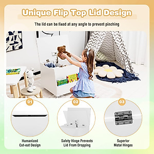 Costzon Wooden Toy Box, Kids Toy Storage Organizer with Front Bookshelf, Flip-Top Lid, Safety Hinge, 4 Universal Wheels, Boys Girls Toy Chest Bench for Playroom Kids Room Organization (White)