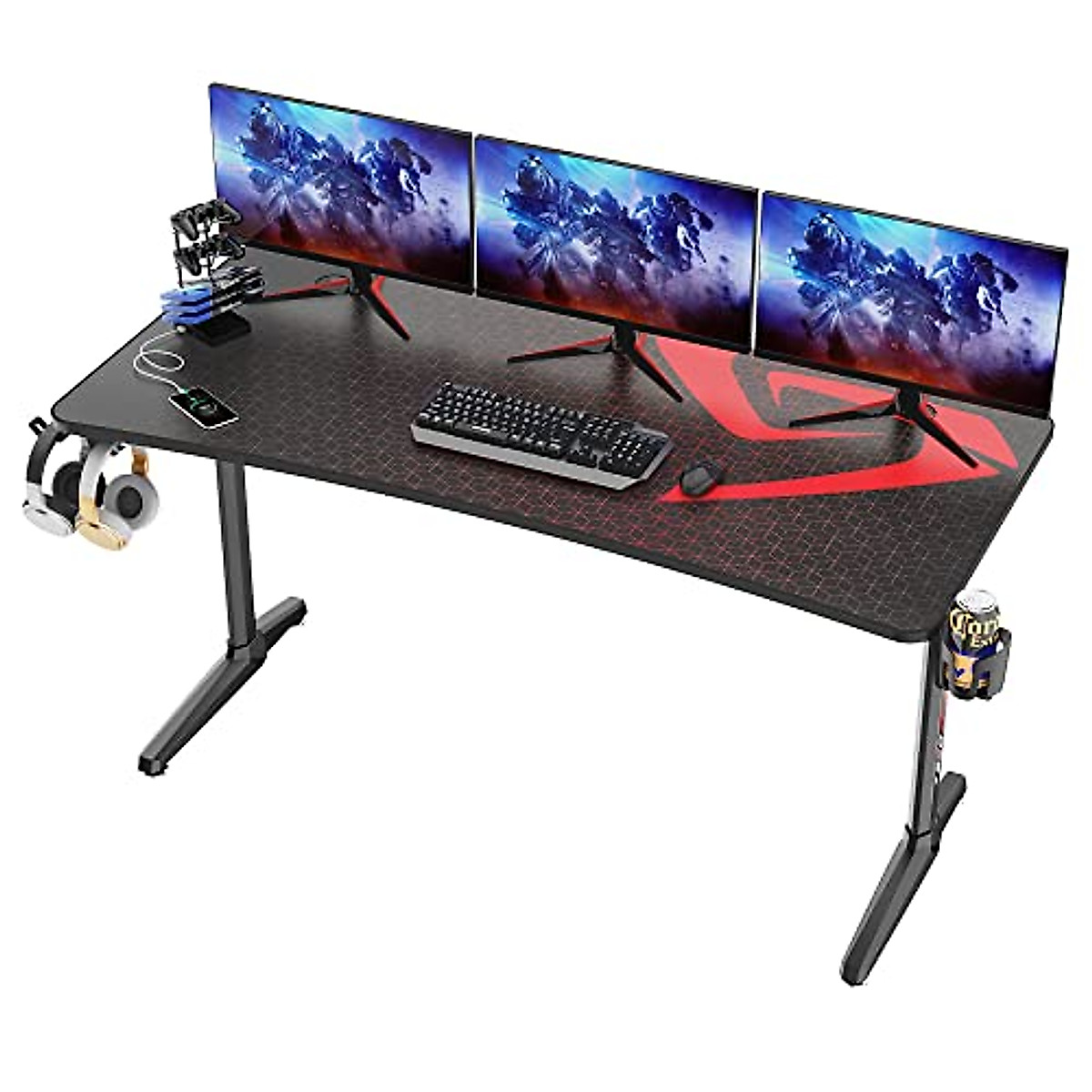 Eureka Ergonomic 60'' Gaming Desk, T-Shaped Carbon Fiber Surface Computer Desk with Free Mouse Pad,Large PC Gamer Desk Gaming Table with USB Handle Rack Cup Holder Headphone Hook,Black