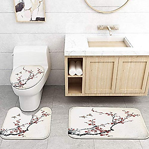 Britimes 4 Piece Shower Curtain Sets, Cherry Blossoms with Non-Slip Rugs, Toilet Lid Cover and Bath Mat, Durable and Waterproof, for Bathroom Decor Set, 72" x 72"