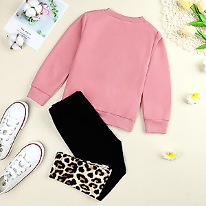 KIDLAGA Toddler Girl Clothes Figure Graphic Drop Shoulder Top Pullover Leopard Print Pants Fall Winter Outfit Set(5-6T)