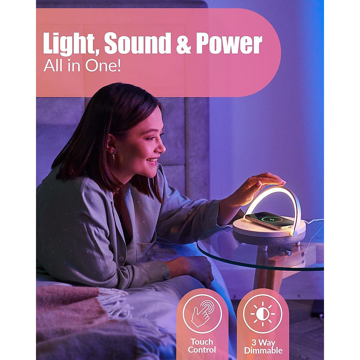 BELMAK Bedside Lamp with Wireless Charger, Phone Charging Lamps for Bedroom, Speaker Lamp Bluetooth Wireless, 6 in 1 Touch Bedside Lamp, Unique Gifts for Women, Dad, Mom, Men Birthday Gift Ideas