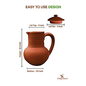 Village Decor Handmade Clay Water Jug With Lid | Carafes Pitcher Capacity 67 oz 2000 ml.