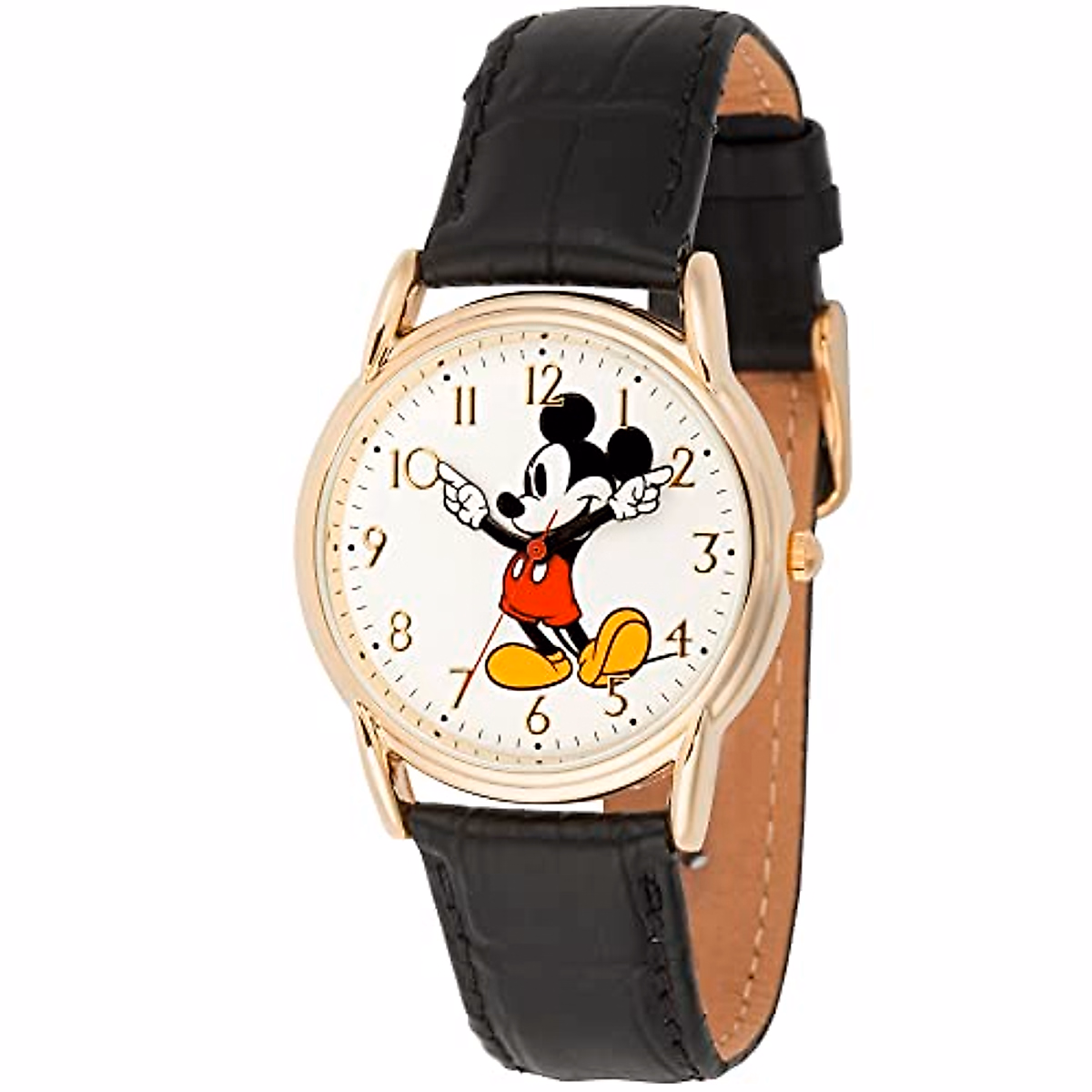 Disney Mickey Mouse Adult Classic Cardiff Articulating Hands Analog Quartz Leather Strap Watch, Gold/Black