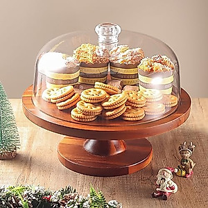 Wehome Cake Stand with Dome，Acacia Wood Cake Stand with Acrylic Lid，Footed Cake Stand Cake Pedestal Stand with Cover，Cake Plate Cake Holder Cake Displaying Stand(Large)