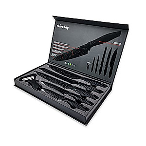 veluebay Kitchen Knife Set, Professional Stainless Steel Chef Knives with Ceramic Peeler and Gift Box, Black Cooking Knives for Slicing, Bread, Utility, Paring (6 Pcs)