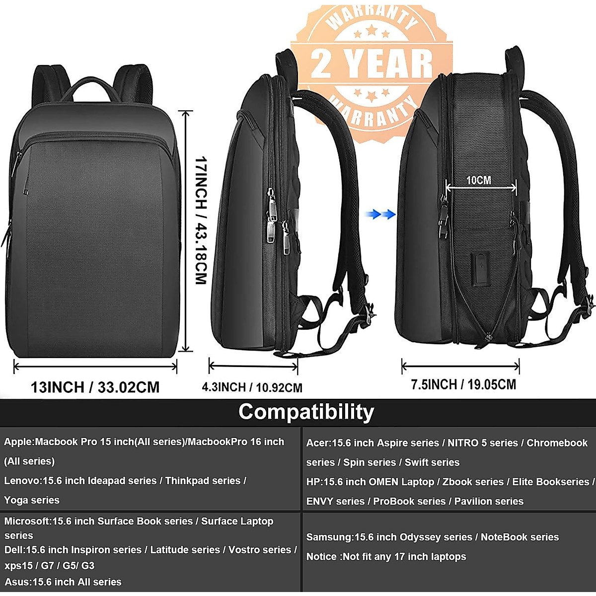 ZINZ Slim and Expandable 15 15.6 16 Inch Laptop Backpack Anti Theft Business Travel Notebook Bag with USB, Multipurpose Large Capacity Daypack College School Bookbag for Men & Women,Deep Black