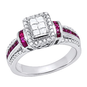 Dazzlingrock Collection Princess Ruby with Round & Princess White Diamond Engagement Ring for Women in Sterling Silver, Size 9
