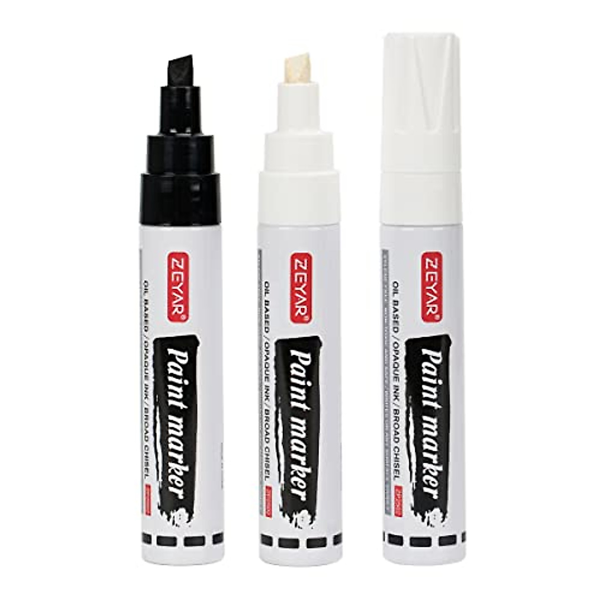 ZEYAR Paint Markers, Jumbo size, Chisel Point, Premium Waterproof & Smear Proof Ink, Aluminum Barrel, Great on Plastic, Wood, Rock, Metal and Glass for Permanent Marking (1 Black & 2 White)