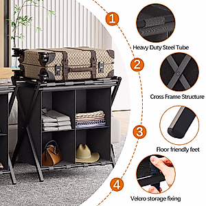 Huhote Luggage Rack for Guest Room, Set of 2, Folding Suitcase Stand with Fabric Storage Shelf, Luggage Holder, Steel Foldable Luggage Stand for Guest Room, Bedroom, Hotel, Black