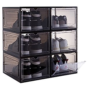 ZLLZUU Shoe Organizer Shoe Storage Boxes, 6 Pack Large Drop Front Shoe Boxes with Magnetic Door, Clear Plastic Stackable Shoe Containers (Black)