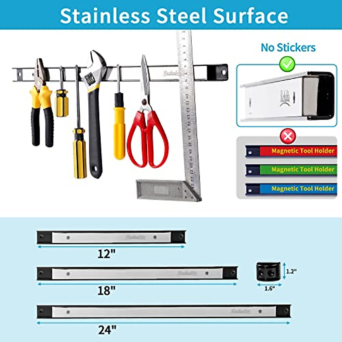 Rechabite 6 Pieces 12" Magnetic Tool Holder Strip, Stainless Steel Surface Tool Magnet Bar, Metal Tool Organizer Rack for Garage Organization, Easy To Install in Workshop, Mounting Screws Included