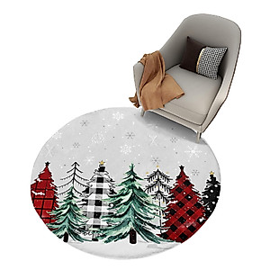 Christmas Fluffy Round Area Rug Carpets 3ft, Plush Shaggy Carpet Soft Circular Rugs, Non-Slip Fuzzy Accent Floor Mat for Living Room Bedroom Nursery Home Decor Plaid Pine Tree Red Green Dots Grey