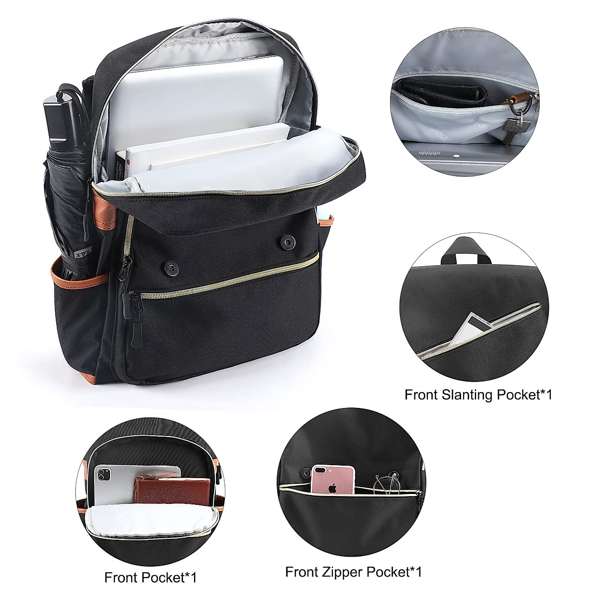 Mecrowd Vintage Laptop Backpack with USB Charging Port, Backpack for College School Student Fits up to 15.6 Inch Laptop Computer Backpack Casual Rucksack for Men Women (Black)