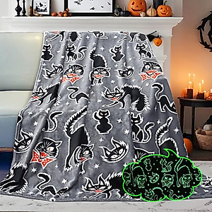 Halloween Blanket Soft Fleece Black Cat Throw Blanket Glow in The Dark Blanket Toys Decor for Kids Boys Girls Teens Birthday