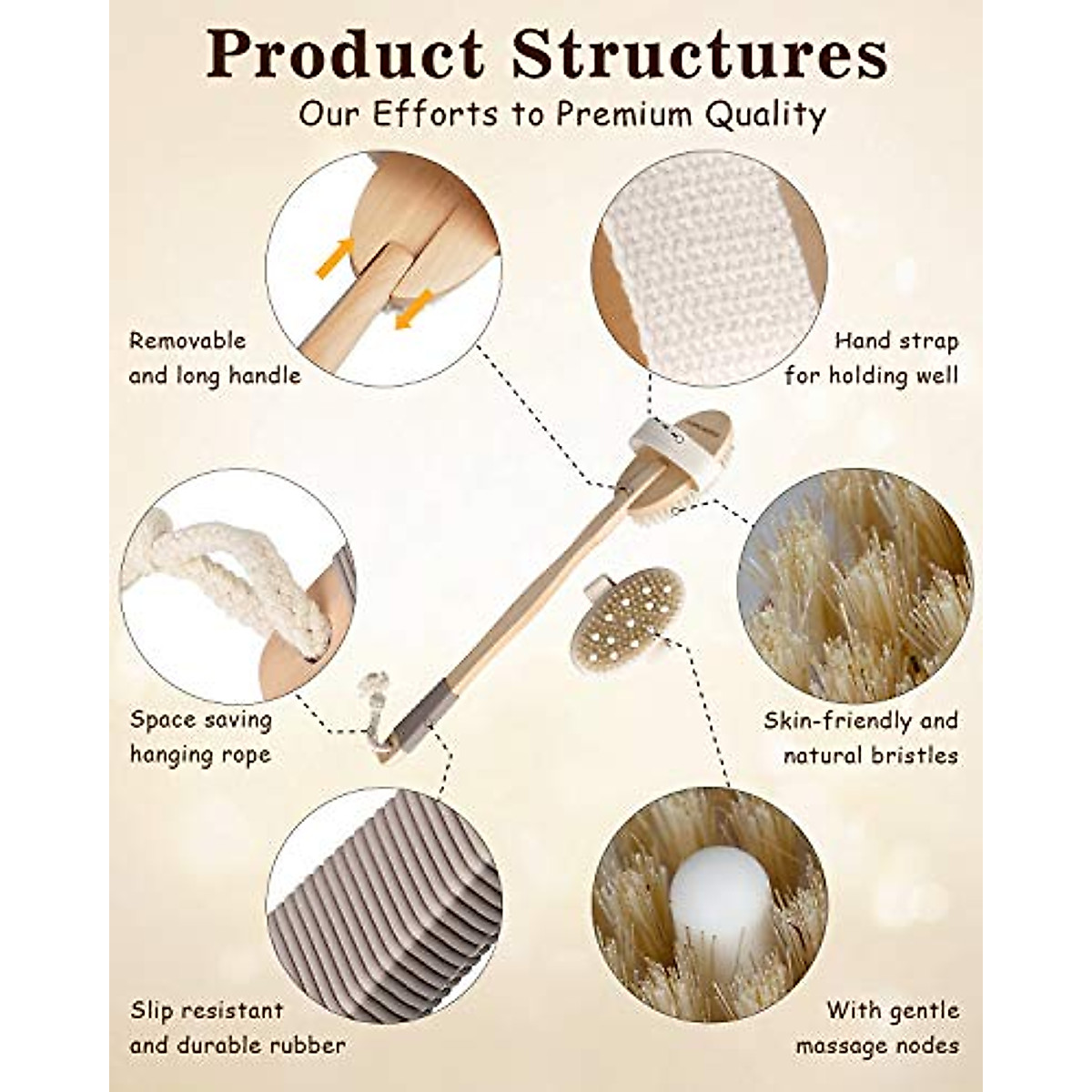 Shower Brush, POPCHOSE Detachable Dry Brushing Body Brush for Body Cellulite and Lymphatic, Back Scrubber for Shower Long Handle Natural Bristle Exfoliator Scrubber, Dual Brush Heads for Women & Man