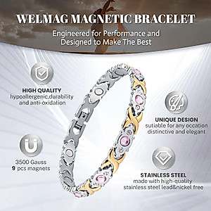 WELMAG WM Magnetic Bracelet for Women Sparkling Pink Crystals Design Fashion Chaninly Strength 3500 Gauss Magnetic Ladies Bracelets with Sizing Tool Jewelry Gift Box