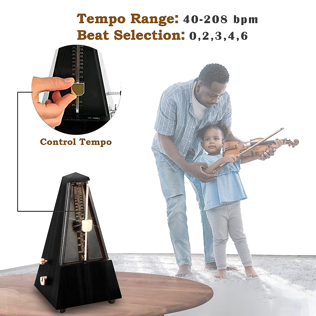Tempi Mechanical Metronome for Musicians - 2-Year Warranty - Metronome for Piano/Guitar/Violin, Metronome Music for Adults and Kids (Molded Black Grain Veneer)