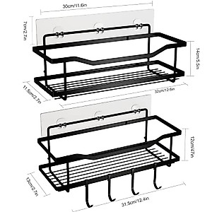 WEYEEN Shower Caddy Bathroom Shelf, No Drilling Adhesive Bathroom Storage Organizer with 4 Hooks, Rustproof Stainless Steel Shower Shelf for Inside Shower & Kitchen Storage , 2 Pack (Black)