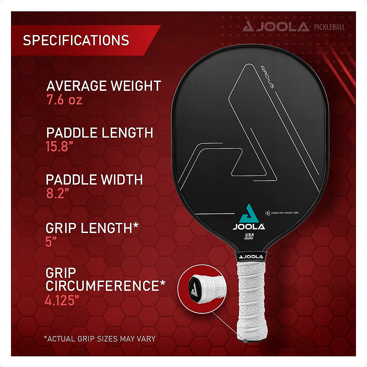 JOOLA Radius Pro Pickleball Paddle with Textured Carbon Grip Surface - Creates More Spin and Maximum Control - Largest Sweetspot - 16mm Pickleball Racket with Response Polypropylene Honeycomb Core