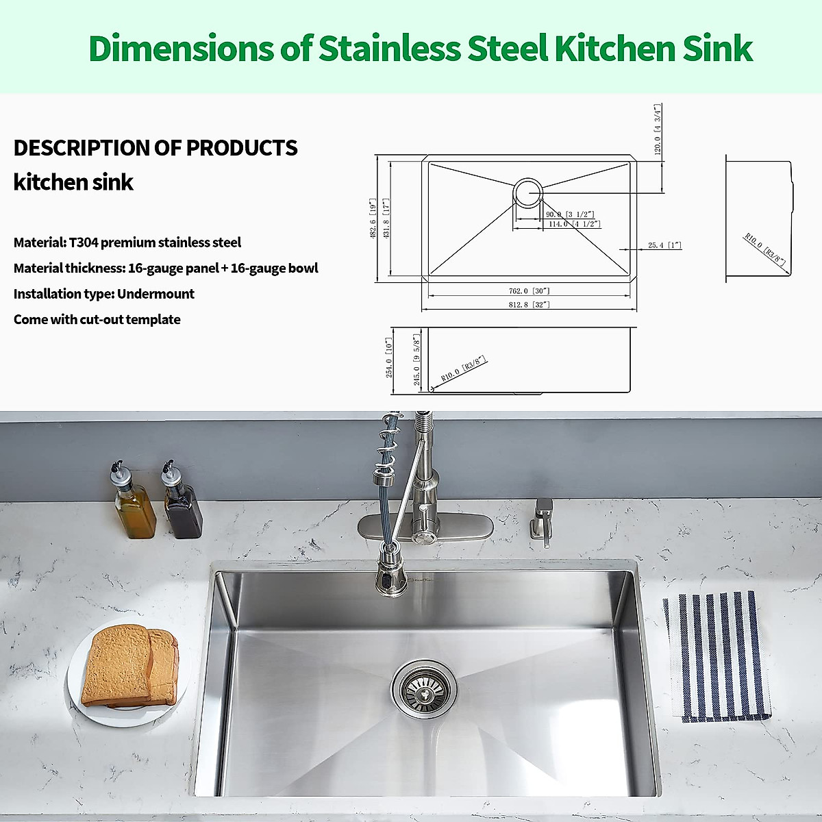 EcoChannels Undermount Kitchen Sink, 32 x 19 Inch Sink Kitchen 16 Gauge Stainless Steel Large Kitchen Sinks Single Bowl