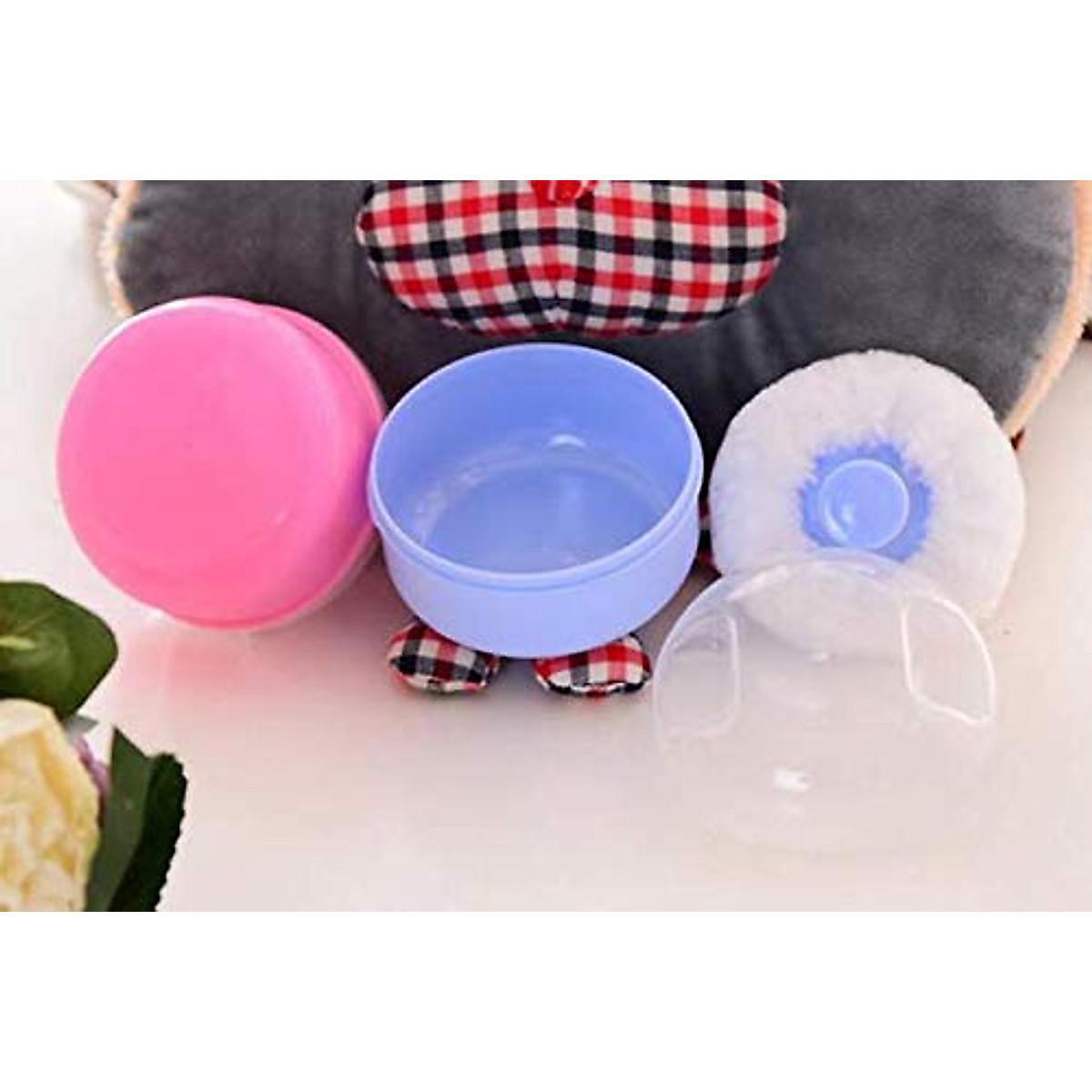 2 Pcs Pink and Blue Plastic Baby Care After-bath Powder Puff with Portable Talcum Powder Holder Box Empty Makeup Container Prickly Heat Powder Applicator Flutter for Baby Skin Care
