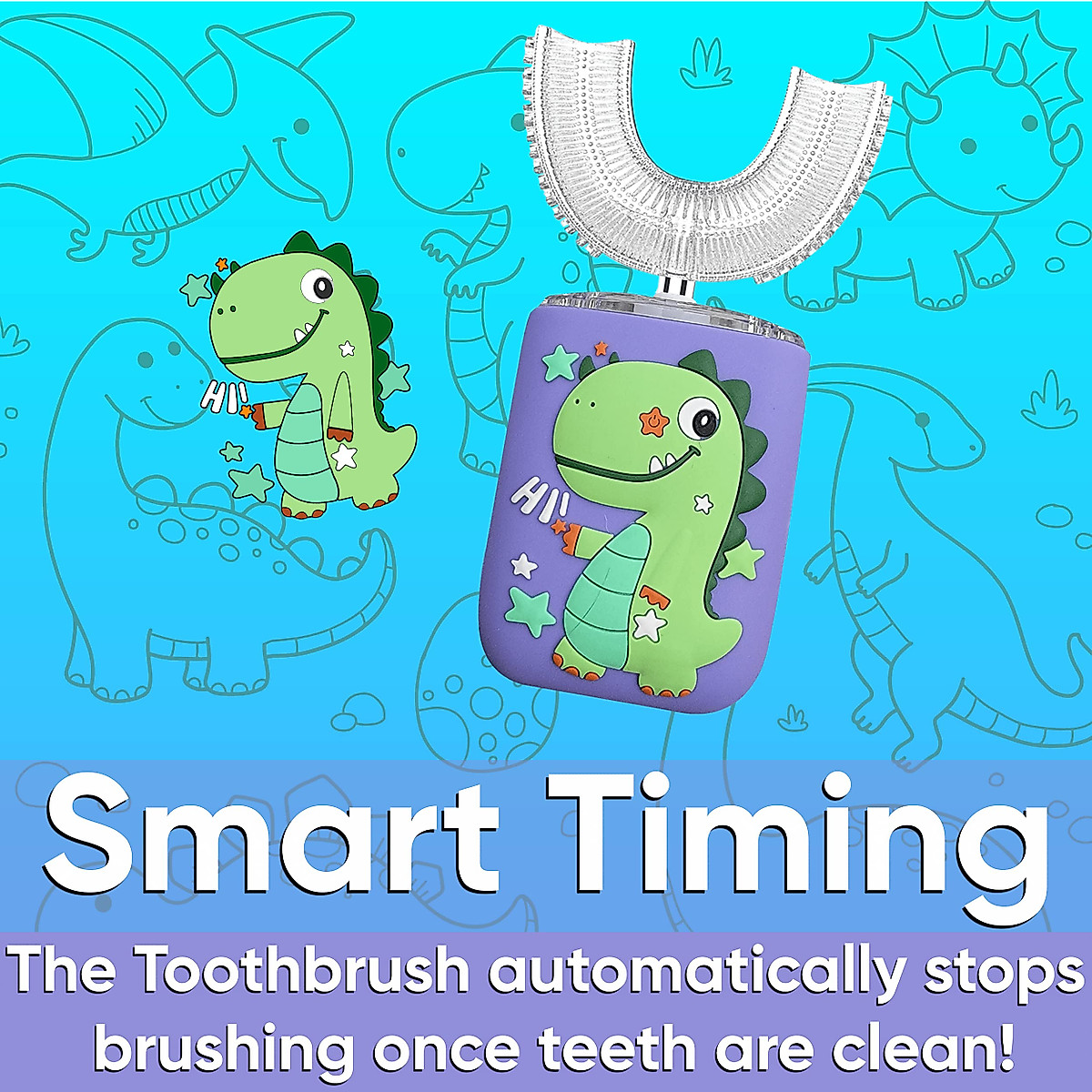 BubblezKidz – Kids Electric Toothbrush – U Shaped Dinosaur Cartoon – Ultra Sonic 6 brush Cleaning Modes w/ Smart Timer – Ages 2-18 Years Old – IPX7 Waterproof, Rechargeable, With Stickers (Dinosaur)