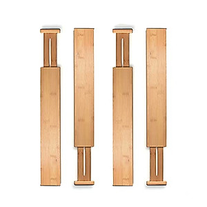 Adjustable Bamboo Drawer Dividers Organizers - Fits Standard Drawers Sized 12.2" Upto 17.3"- Expandable Kitchen Drawer Organizer Separator for Utensils, Dresser, Clothes, Bedroom, Bathroom 4pk, Natural