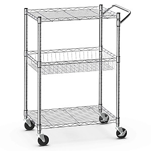 Giantex 3-Tier Rolling Utility Cart, Kitchen Island Cart on Wheels, with Handle Bar, Adjustable Shelves, Wire Mesh Microwave Cart for Utensils or Tableware, Commercial Grade Serving Cart (Silver)