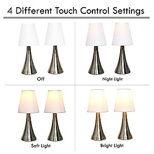 Simple Designs LT2014-WHT-2PK 12" Valencia 2 Pack Contemporary 4 Settings Touch Metal Mini Tapered Table Lamp Set with Fabric Shades for Home Décor, Nightstand, End Table, Bedroom, Living Room, Office, Foyer, Brushed Nickel and White
