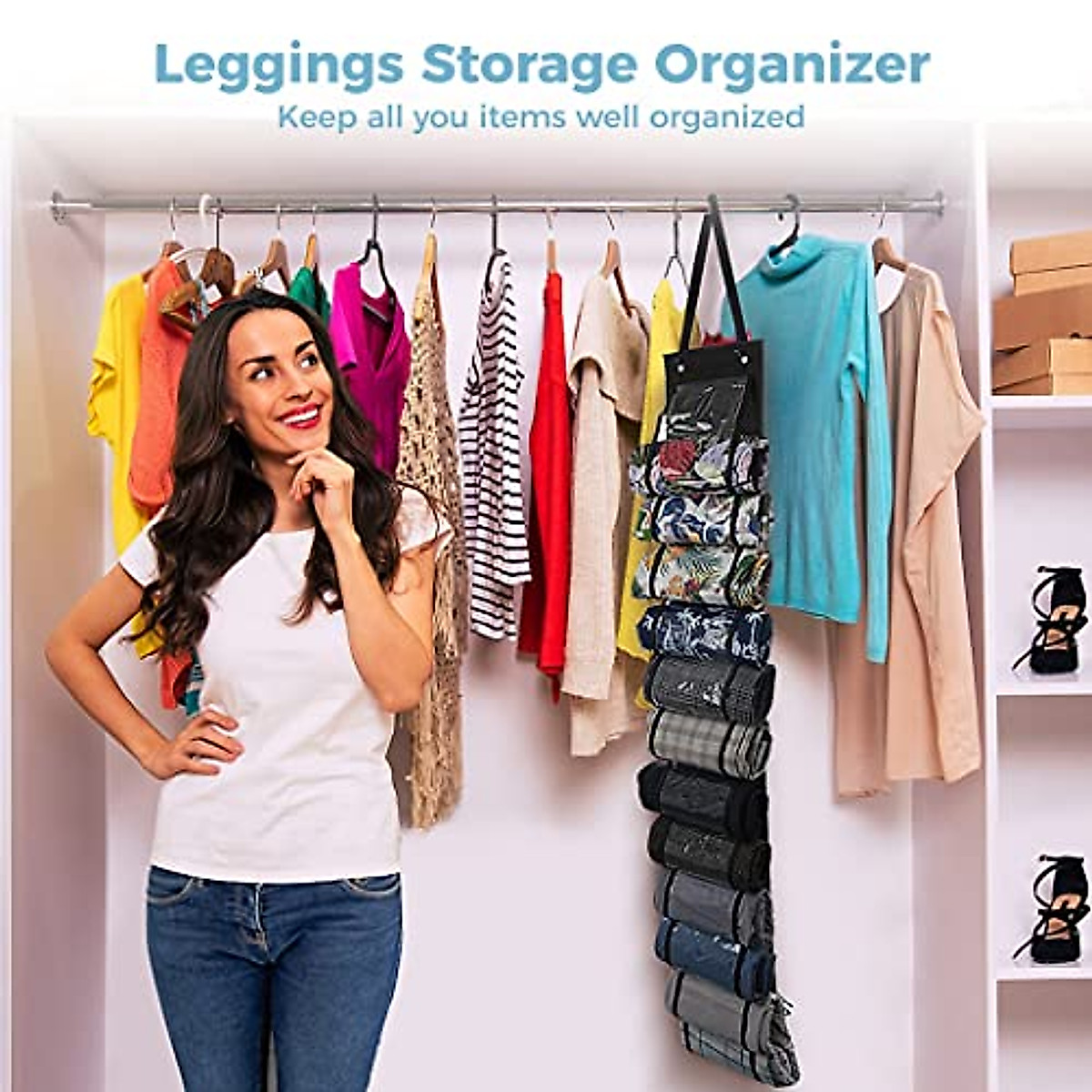 Outgeek Leggings Storage Organizer, Space Saving Clothes Roll Holder with 12 Compartments, Foldable Closet Hanging Storage Bag for Shirts, Pants, Towels, Jean (Black)