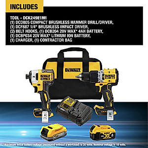 DEWALT 20V MAX XR Cordless Hammer Drill Driver and Impact Drive Combo Kit, Batteries and Charger Included (DCK249E1M1)