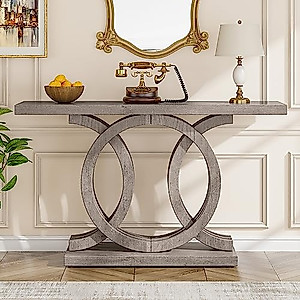 LITTLE TREE Entryway Console Table Wood: 55 inches Farmhouse Hallway Table with Geometric Base, Vintage Long Narrow Sofa Table for Living Room - Grey