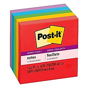 Post-it Super Sticky Notes, 3x3 in, 5 Pads, 2x the Sticking Power, Playful Primaries, Primary Colors (Red, Yellow, Green, Blue, Purple), Recyclable(654-6SSAN)