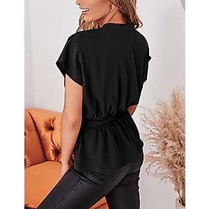Womens Button Down Blouses Casual Peplum Summer Tops Dressy Chiffon Work Blouse Black