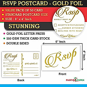 PARTH iMPEX RSVP Postcards for Wedding - (Pack of 50) Gold Foil Stamping with Mailing Side 4"x6" Response Cards All Occasion Mailable - White
