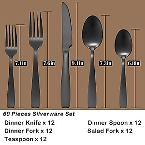 60-Piece Black Silverware Set for 12, HaWare Stainless Steel Flatware with Mellow and Full Square Handle, Cutlery Set for Home Kitchen, Include Fork Knife Spoon, Matte Finish, Dishwasher Safe