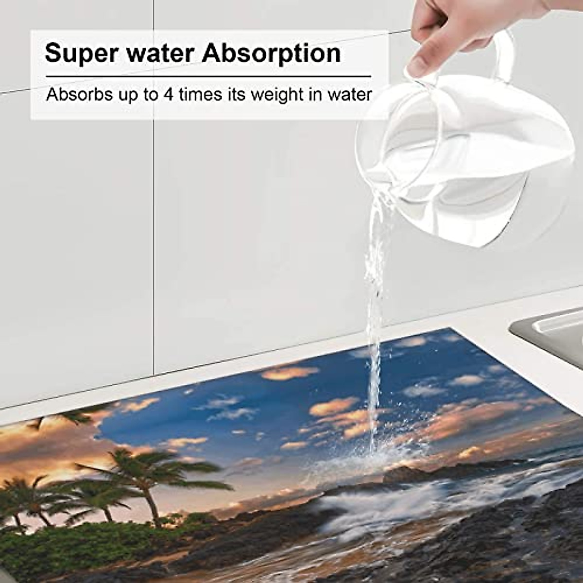 Palm Trees Clouds Tropical Coast Printed Drying Mat For Kitchen Ultra Absorbent Microfiber Dishes Drainer Mats Non-Slip Silicone Quick Dry Pad - 18 X 16inch