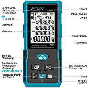 Laser Measurement Tool 229Ft 70M IP54 M/in/Ft/Ft+in Digital Angle Sensor Measure Backlight LCD Laser Distance Meters with Pythagorean Mode Laser Measure Distance Area and Volume - Rechargeable