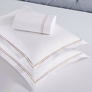 SUPERIOR Embroidered Cotton Duvet Cover Set, Soft Bedding Covers, 1 Duvet Cover with Button Closure, 2 Pillow Shams, Two-Line Design, Spring Blooms Collection, King/California King, White-Taupe