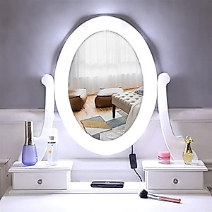 White Lighted Makeup Vanity Set - Makeup Desk with 360° Rotating Oval Mirror and Cushioned Stool - Make-up Vanity Station with Removable Top - Dressing Table with 10 Light Bulbs and 5 Sliding Drawers