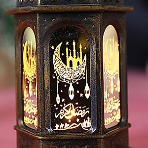Novobey Ramadan Lantern Decor, Metal Retro Hanging Lantern Battery-Powered LED Eid Mubarak Decorative Night Lights for Ramadan Holiday Garden Yard Wall Decoration (Hexagonal Black)