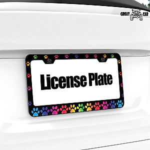 DZGlobal Paw Print Dog Cat Pattern License Plate Frame License Plate Covers Humor Car Tag Frame 2 Holes and Screws Black Personalized Car Accessories for Pet Lovers (Rainbow paw B)