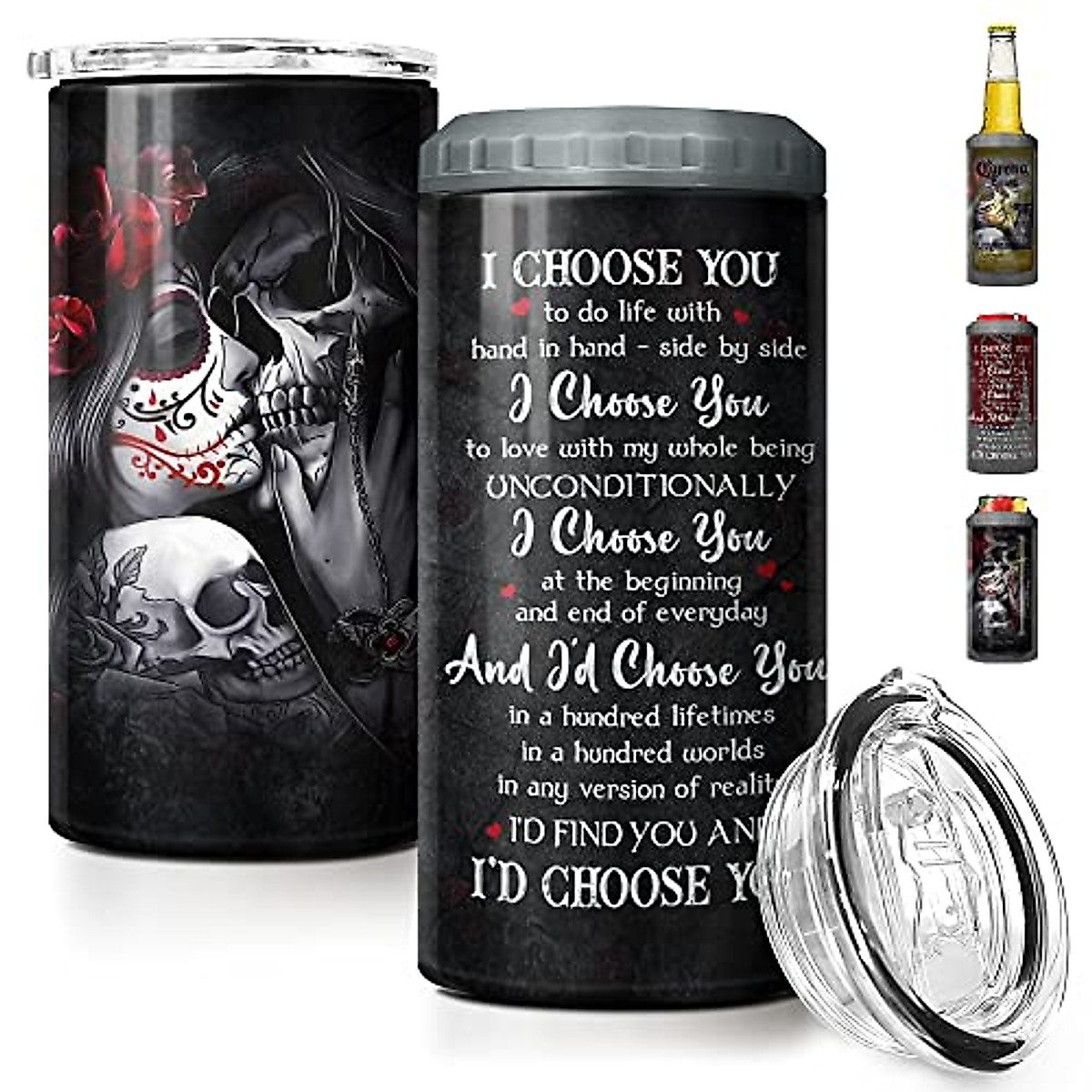 SANDJEST Skull Couple Tumbler I Choose You 4 in 1 16oz Tumbler Can Cooler Coozie Skinny Stainless Steel Tumbler Gift for Wife Husband Boyfriend Girlfriend Tattoo Lovers Christmas Birthday Valentine