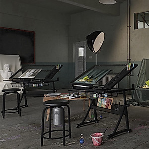 EESHHA Drawing Table Drafting Desk, Adjustable Glass Drafting Table,Versatile Art Study Table,with Storage Drawers,Art Studio Design Sketching Painting Work Station