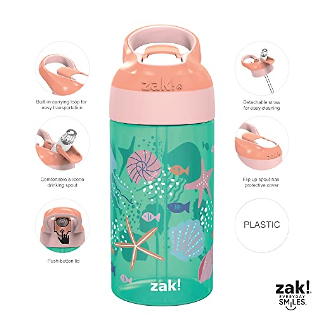 Zak Designs 16oz Riverside Kids Water Bottle with Spout Cover and Built-in Carrying Loop, Made of Durable Plastic, Leak-Proof Design for Travel (Unicorn & Shells, Pack of 2)