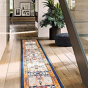 Phantoscope Allover Persian Print 2x10 Runner Rug Indoor Vintage Style Hallway Kitchen Decor Non-Slip Backing Machine Washable Rug, Orange & Blue