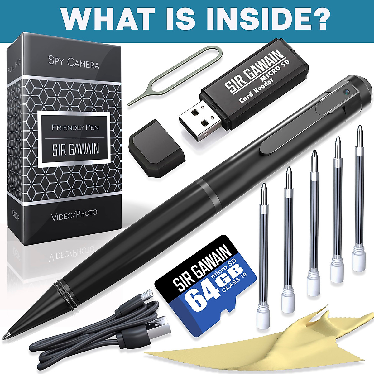 SIRGAWAIN Mini Spy Camera Hidden Camera Pen 1080p & 64GB Micro SD - [Upgraded 2024] Small Nanny Cam Spy Pen Camera Full HD Video or Picture Taking - Secret Camera with Wide Angle Lens, Rechargeable